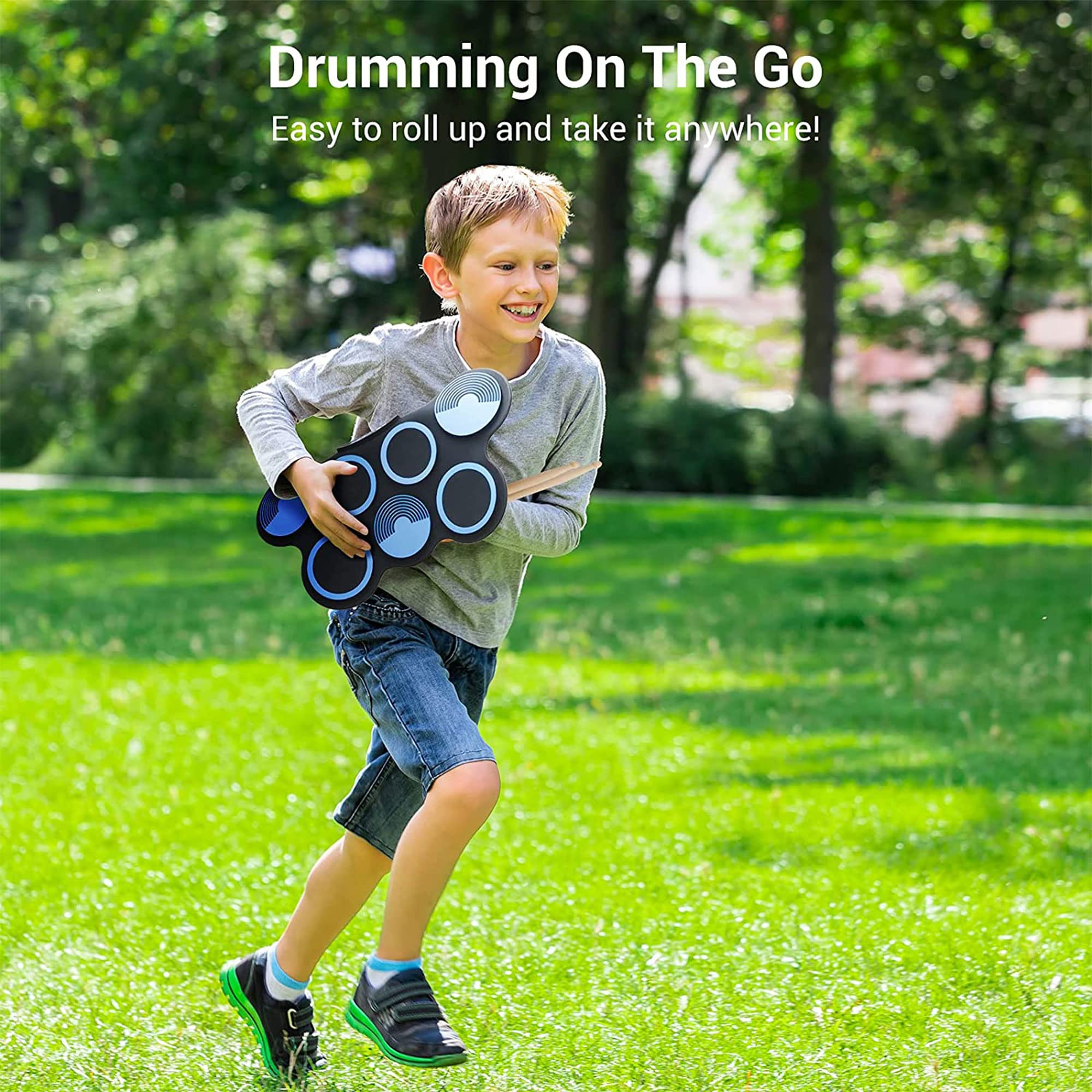 PAXCESS 7 Pad Portable Electronic Drum Set with Headphone Jack, Built-in Speakers, Drum Stick, Foot Pedals, Rechargeable Battery, and Charger