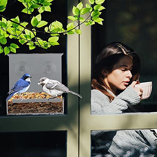 Window Bird Feeder 2 Pack, Bird House for Outside, Window Bird Feeder with Strong Suction Cups and Removable Seed Tray with Drain Holes. Outdoors Birdfeeder for Wild Birds, Cardinal, Bluebird