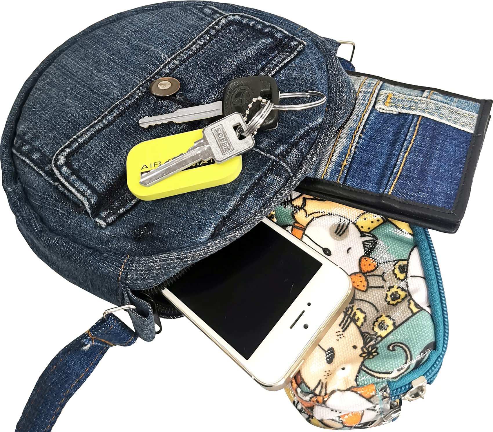Upcycling Blue Denim Handmade Vintage DIY Patchwork Round Shape Purse Crossbody Sling Bag Handbag for Women (Style 4)