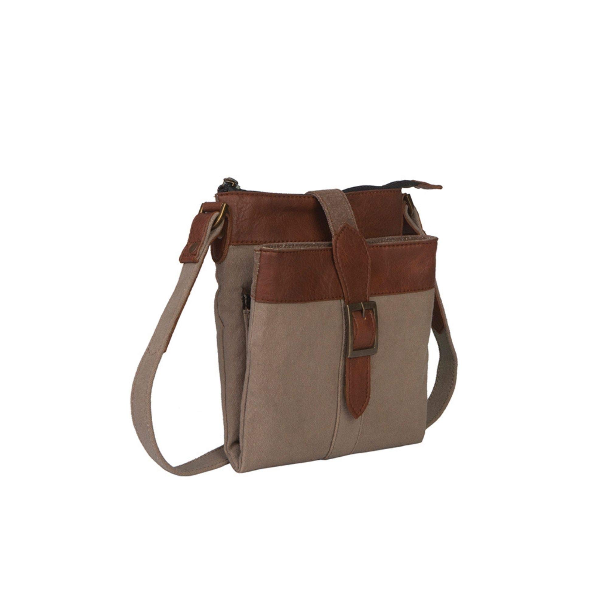 Mona B. Ash Fold-Over and Intermix Convertible Upcycled Canvas Tote and Crossbody Bag with Vegan Leather Trim (Fold-Over-Stone)