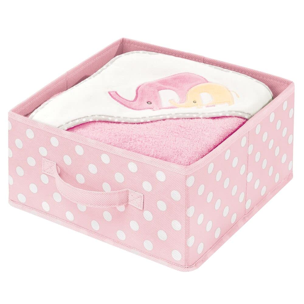 mDesign Fabric Nursery/Playroom Closet Storage Organizer Bin Box with Front Handle for Cube Furniture Shelving Units - Holds Toys, Clothes, Diapers, Bibs, 4 Pack, Pink/White Polka Dot