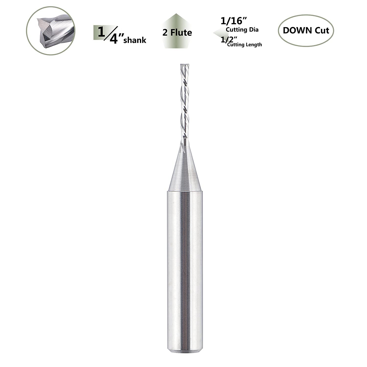 SpeTool Down Cut Spiral Router Bit 1/16 inch Cutting Diameter with 1/4 inch Shank End Mill for Woodwork CNC Machine Tools