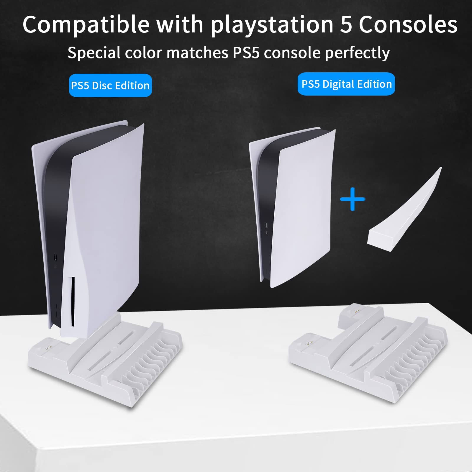 PS5 Cooling Station with Controller Charger for Disc & Digital Version, Playstation 5 Vertical Cooling Stand with Cooler Fan, PS5 Charging Station, Playstation 5 Cooling Station with 12 Game Slots