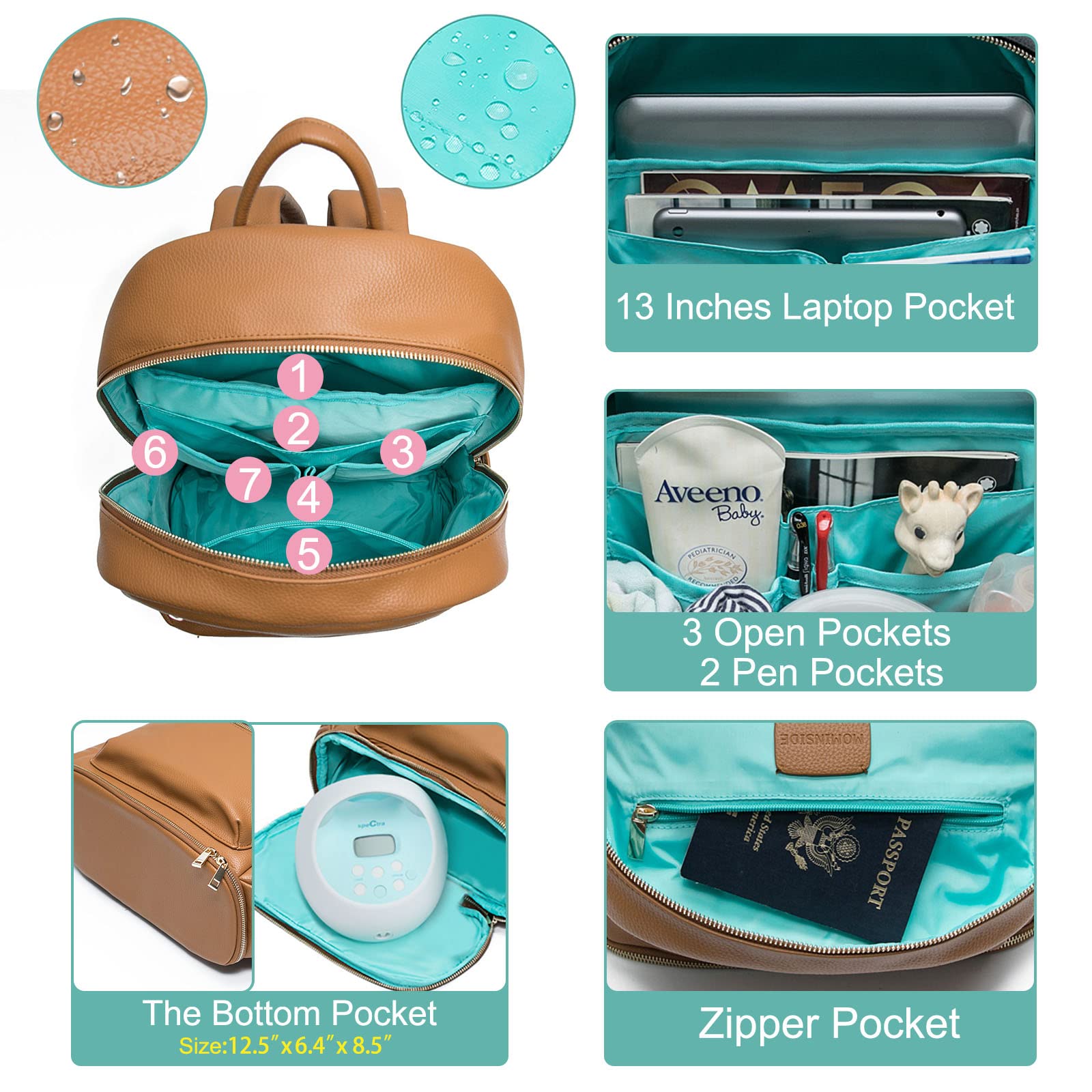 MOMINSIDE Small Diaper Bag Backpack, 13 Pockets Leather Mini Baby Bag Backpack, Breast Pump Bag, 13 Inch Laptop Sleeve, 2 Insulated Pockets, Bottom Compartment, Brown