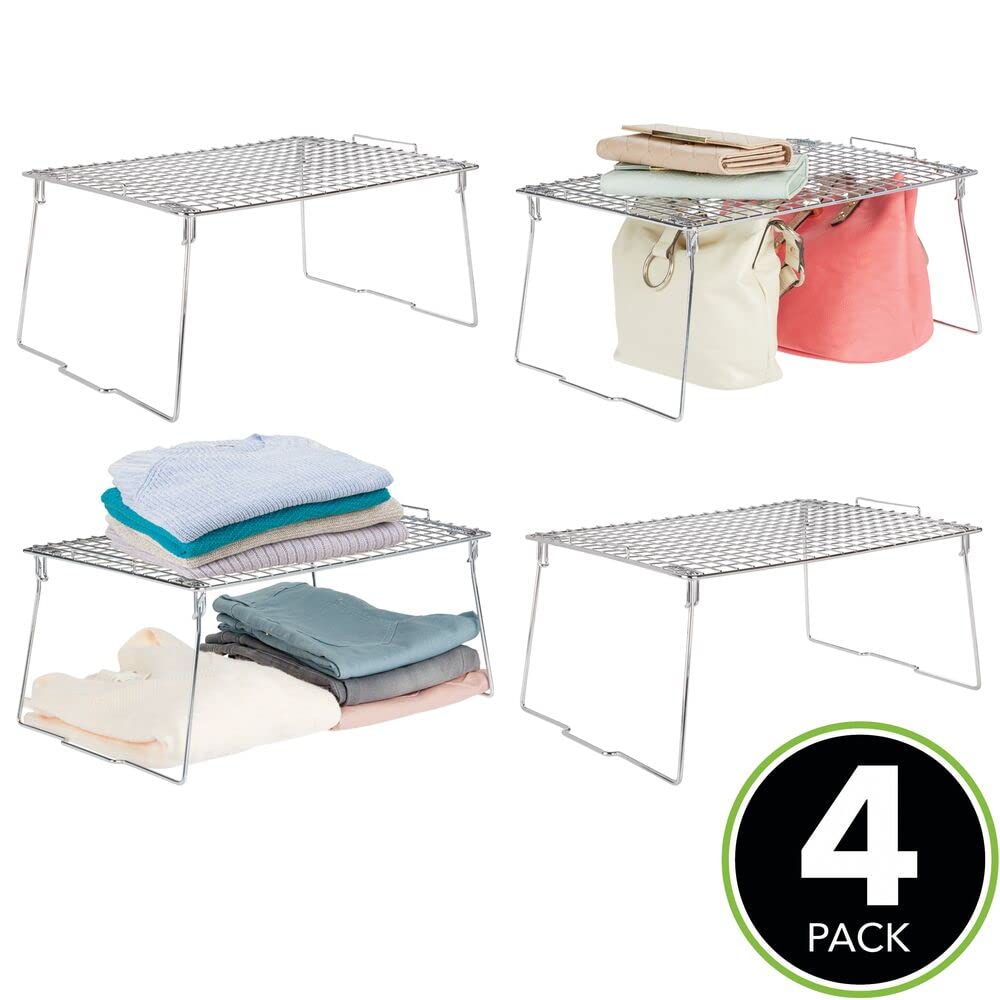 mDesign Farmhouse Metal Stackable Storage Shelf - Closet, Cabinet, Countertop 2-Tier Raised Organizer - for Bedrooms, Bathrooms, Entryways, Hallways, 4 Pack - Chrome