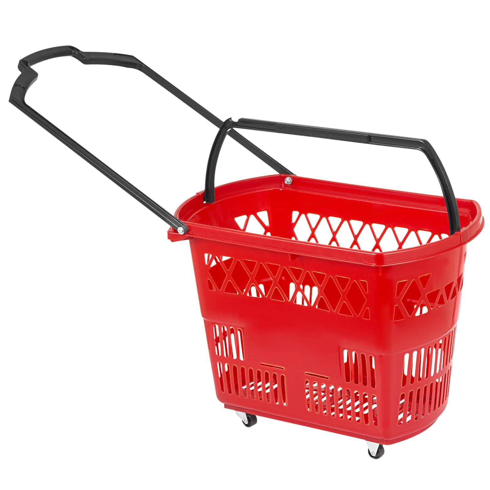 Mophorn 6PCS Shopping Carts, Plastic Rolling Shopping Basket with Wheels, Red Shopping Baskets with Handles, Portable Shopping Basket Set for Retail Store