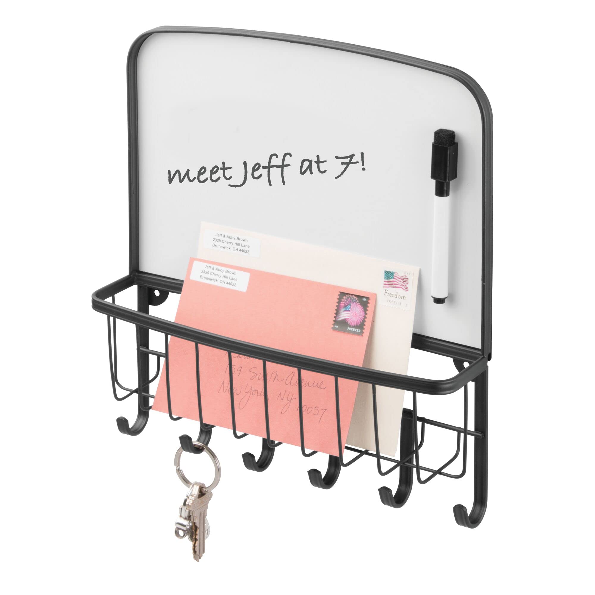 mDesign Metal Wall Mount Entryway Storage Organizer Mail Basket with Dry Erase Board, 6 Hooks - Holder for Letters, Magazines, Keys, Coats, Leashes - Strong Steel Wire Design - Matte Black