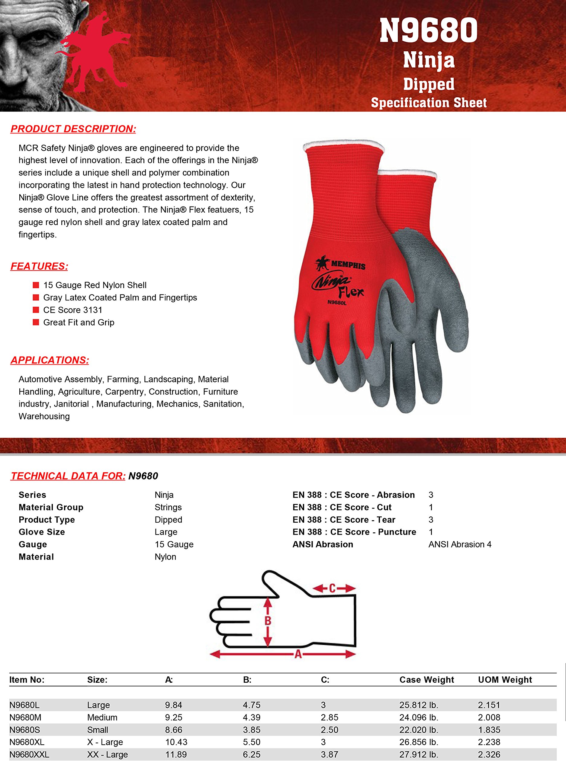 Memphis Gloves MCR Safety Large Ninja Flex 15 Gauge Gray Latex Palm And Fingertips Coated Work Gloves With Red Nylon Liner And Knit Wrist, Gray/Red (N9680L)
