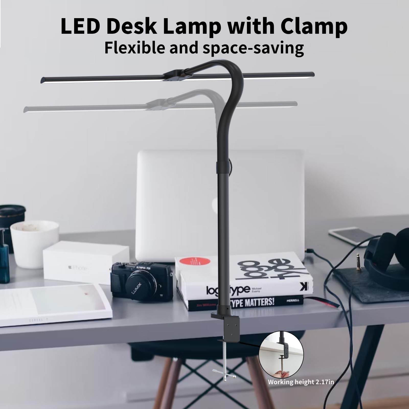 MYUANGO LED Desk Lamp for Home Office- 5 Color Temperatures and Stepless Dimming - Eye-Caring Table Lamp with Clamp- Flexible Gooseneck and Memory Function