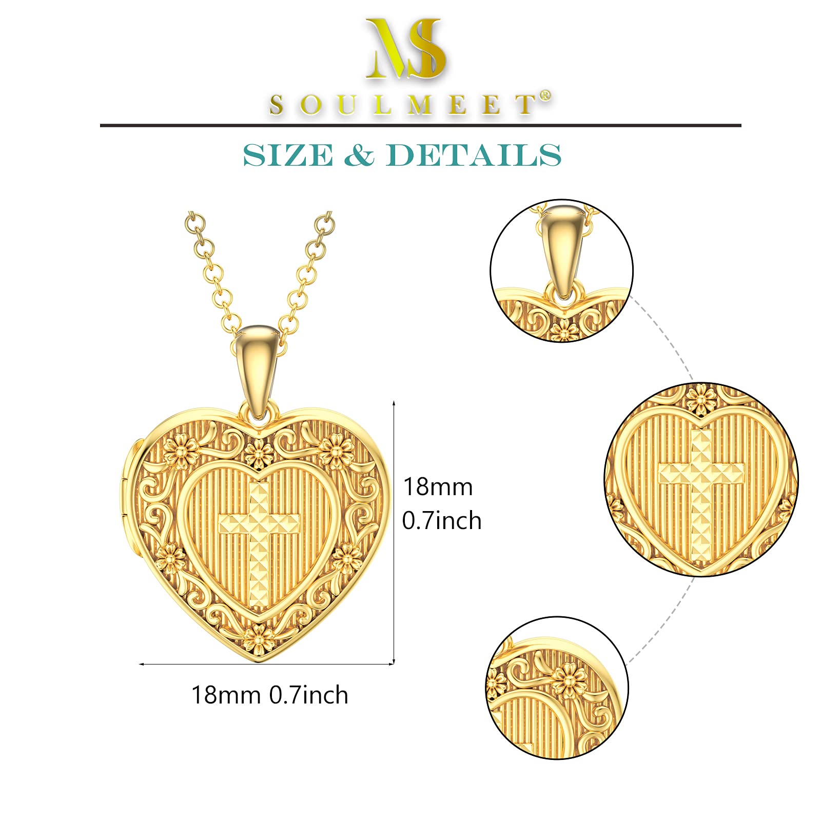 SOULMEET 10k 14k 18k Solid Yellow Gold Christians Cross Heart Locket Necklace That Holds 2 Pictures Personalized Letters Engraved Custom Image Locket Gift for Her (Custom photo & text)