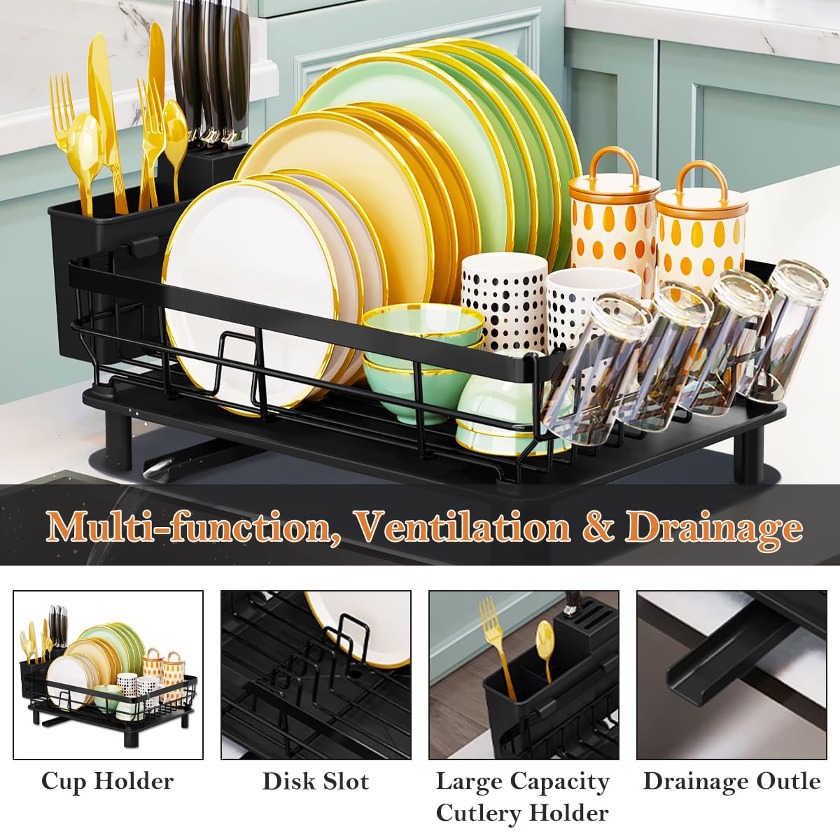 Mulaibdin Dish Drying Rack, 1-Tiers Dish Rack, Large Drying Rack for Kitchen Counter, Dish Drainers with Drainboard and Extra Dish Drying Mat, Dish Strainers for Kitchen Sink