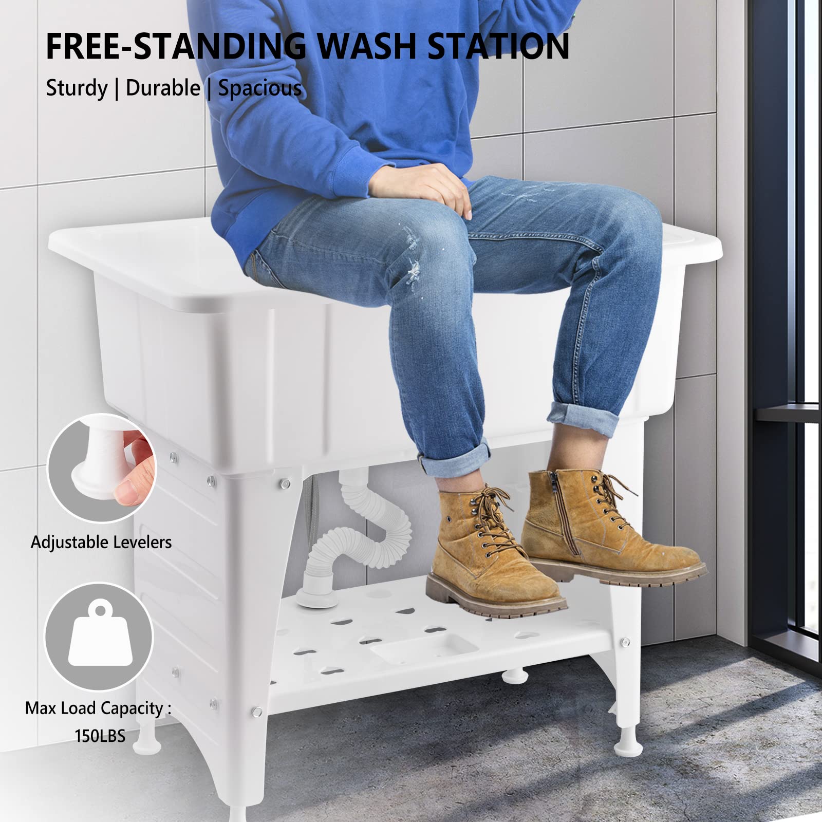 VINGLI Utility Sink Laundry Tub for Washing Room, Freestanding Utility Sink with Stainless Steel Faucet, White, 32.3"W x 22.4" D x43.3"H(Include Faucet)