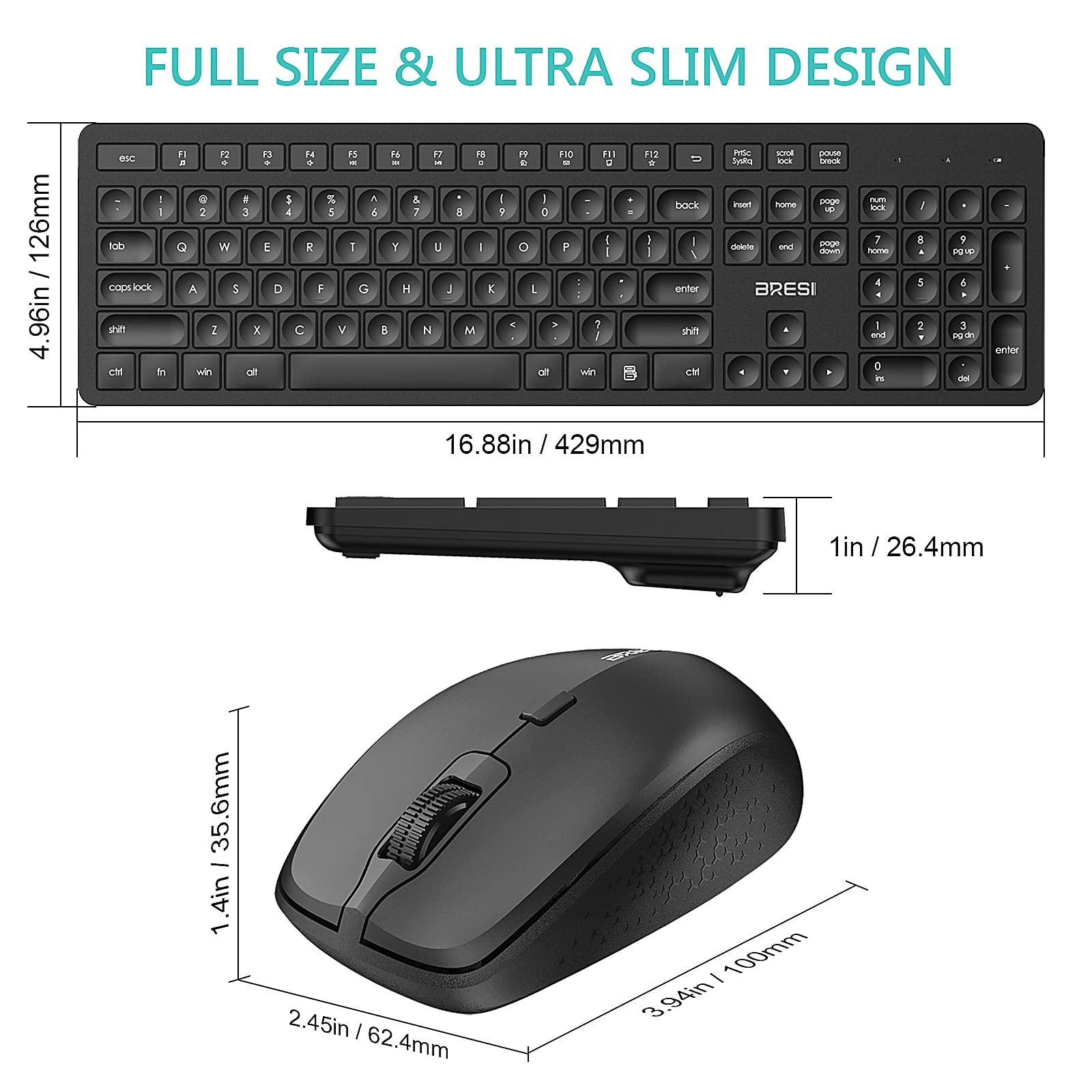 Wireless Keyboard Mouse Combo, BreSii Wireless Keyboard and Mouse Computer Keyboards Mouse Full-size Silent Slim 2.4GHz USB For kids E-Learning PC Desktop Computers Notebook Laptop Windows Office Home