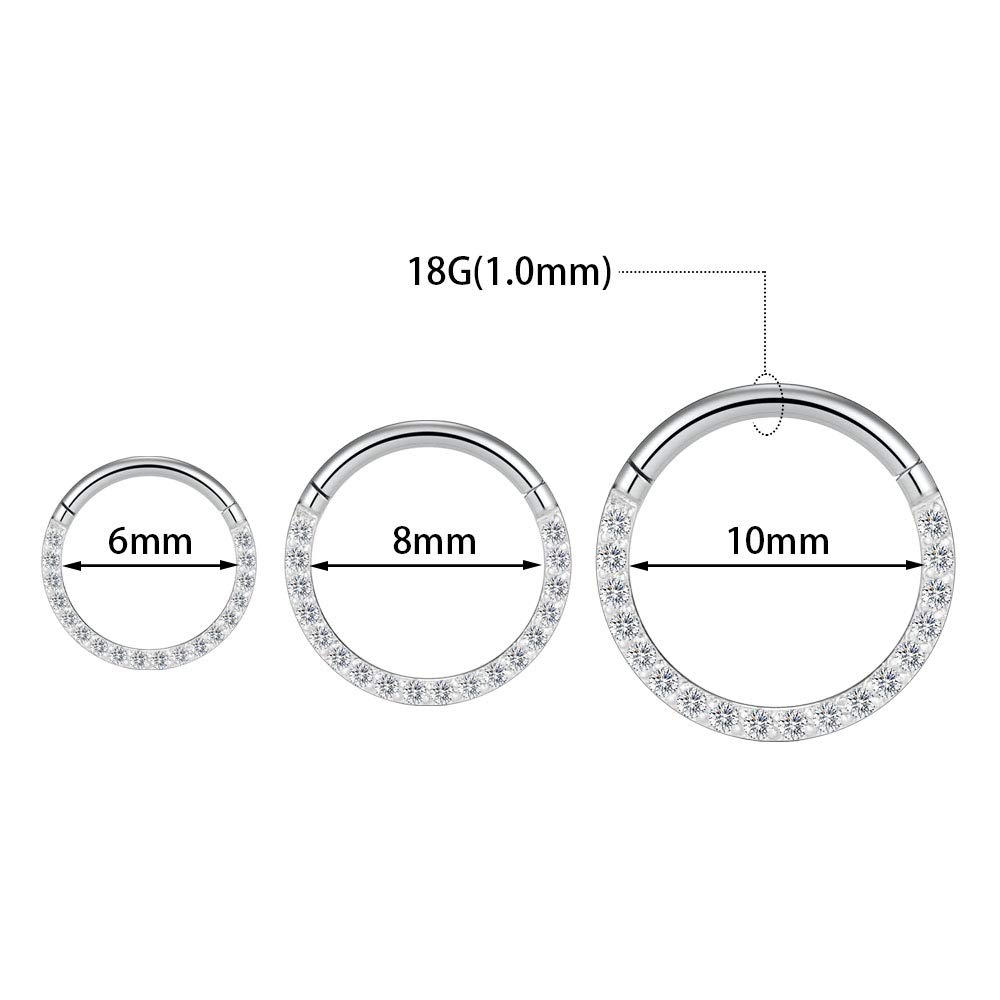 PEAKLINK 16G Septum Jewelry CZ Septum Ring G23 Titanium Seamless Segment Hinged Clicker Ring Conch Ring Helix Piercing Cartilage Tragus Earrings 6mm Nose Hoop Ring Silver Daith Piercing Jewelry