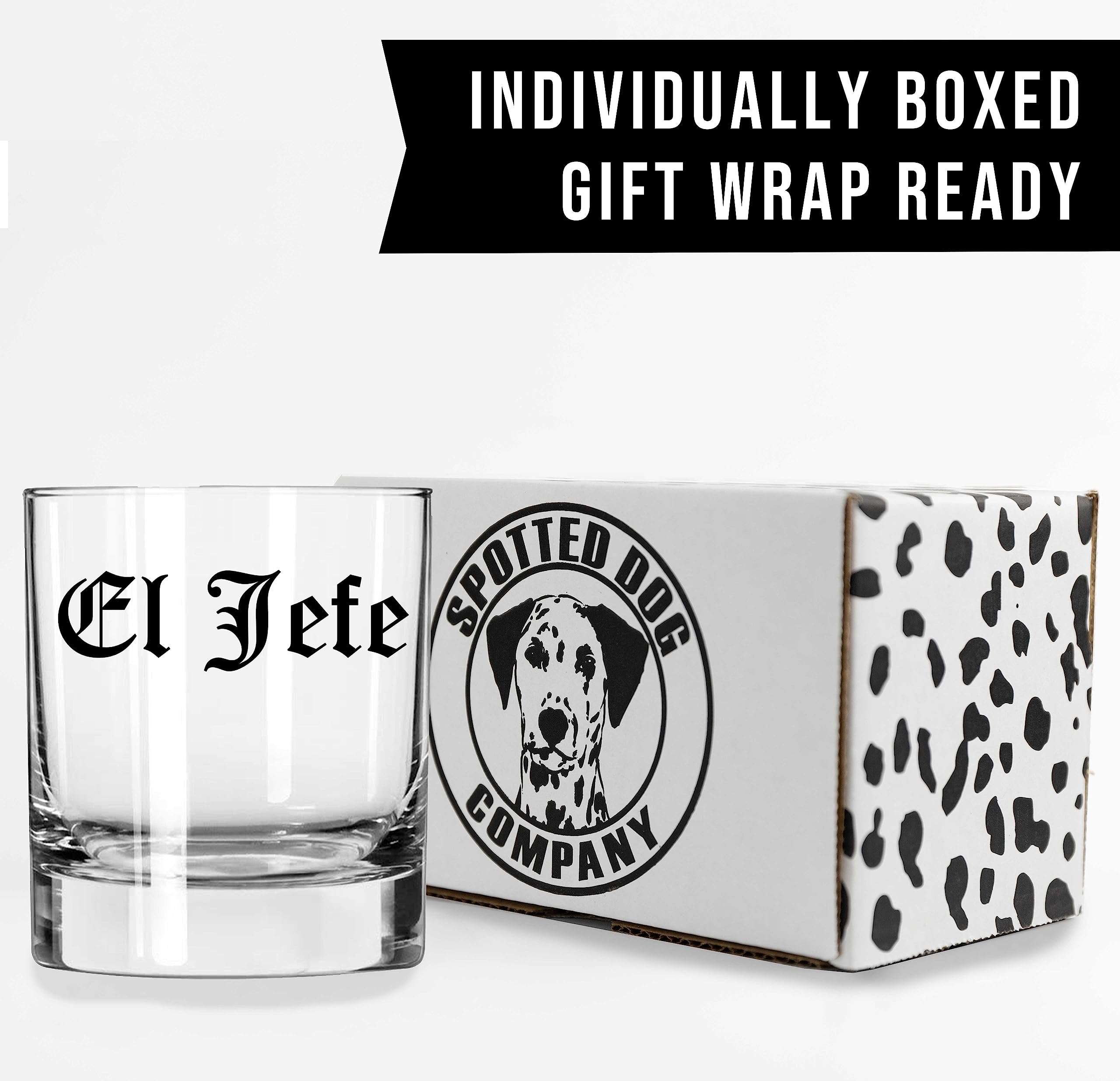 Spotted Dog Company Printed 11oz Whiskey Glass - El Jefe - The Boss - Old Tyme, National Boss Day Gifts Best Boss Ever Funny