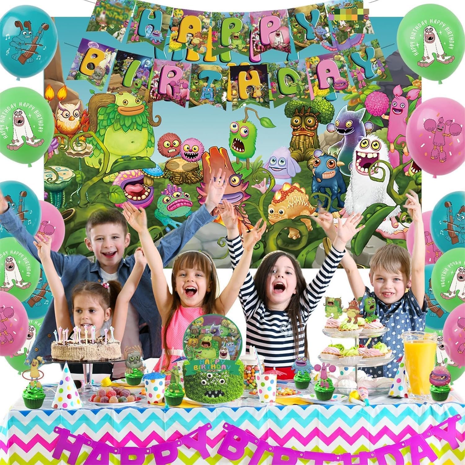 Moptrek y Decorations,Monsters Birthday Decorations,Including Happy Birthday Bannner,Cake Copper ,Cupcake Topper,Backdrop,Suitable for Party Supplies