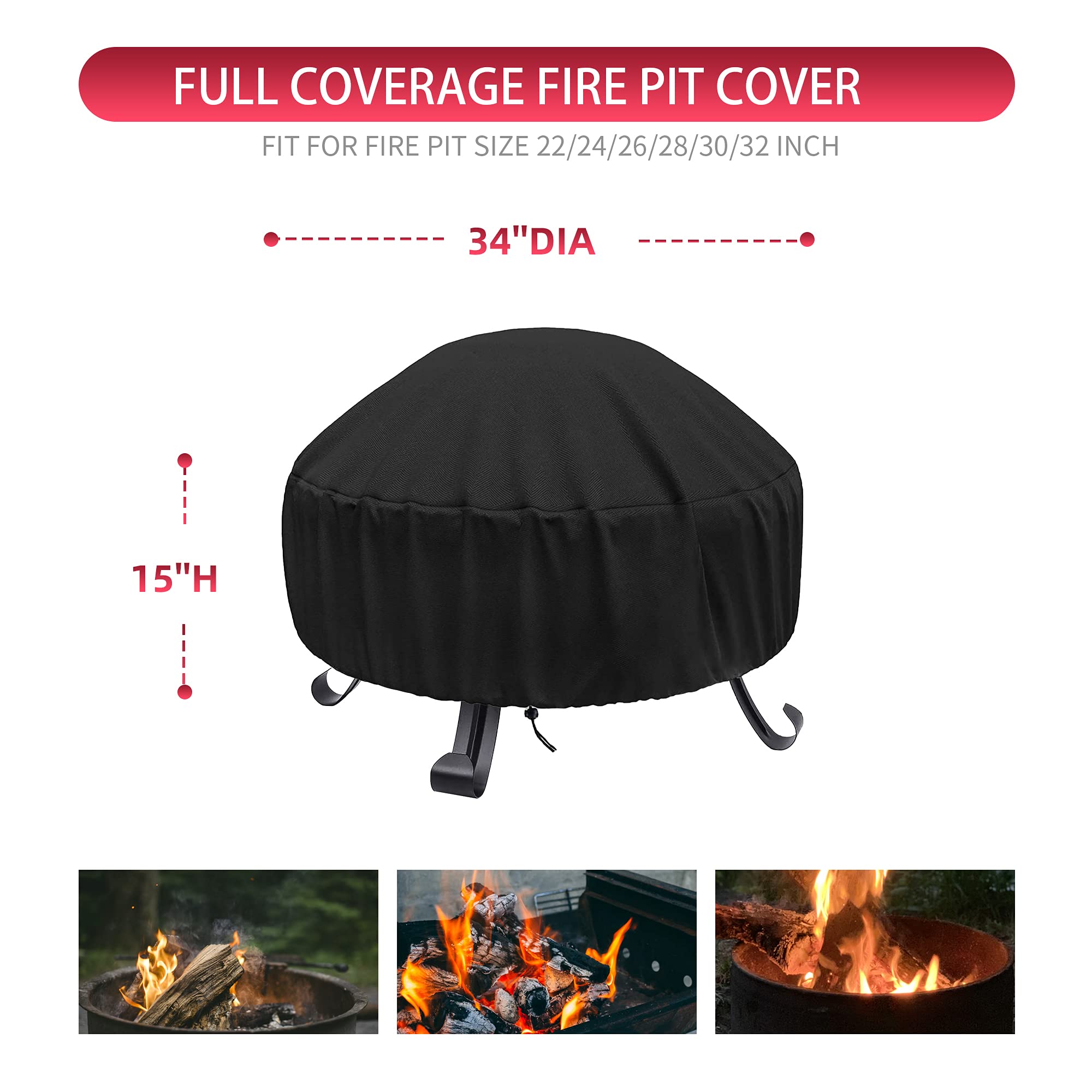 WLEAFJ Fire Pit Cover Round for Fire Pit 22 Inch β 34 Inch, 420D Heavy Duty Oxford Fabric Firepit Cover Round, Full Coverage Patio Outdoor Fireplace Cover, Waterproof Fire Bowl Cover