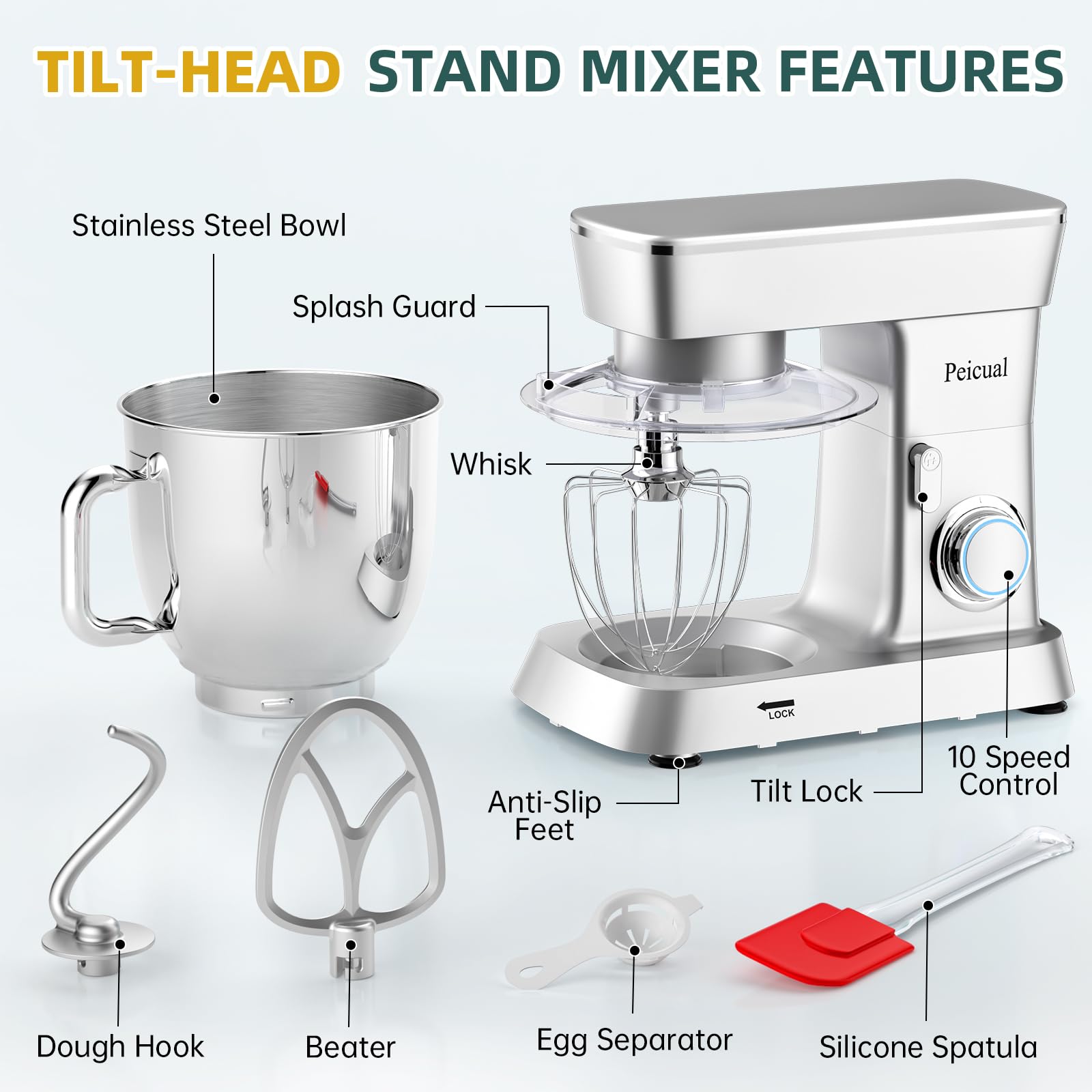 Peicual Stand Mixer, 5.5QT 10+P Speed Tilt-Head Kitchen Electric Mixer, Food Mixer with Stainless Steel Bowl, Dough Hook, Flat Beater, Wire Whisk, Splash Guard for Daily Use - Silver