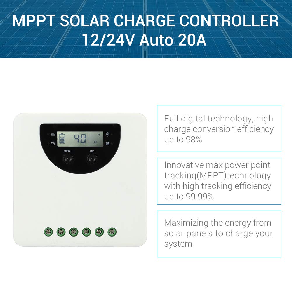 PowMr 20Amp MPPT Solar Charge Controller 12V/24V Auto, Solar Panel Charge Controller Mppt 100V PV Input Negative Grounded Solar Regulator with LCD Display for Gel Sealed Flooded Lithium Battery