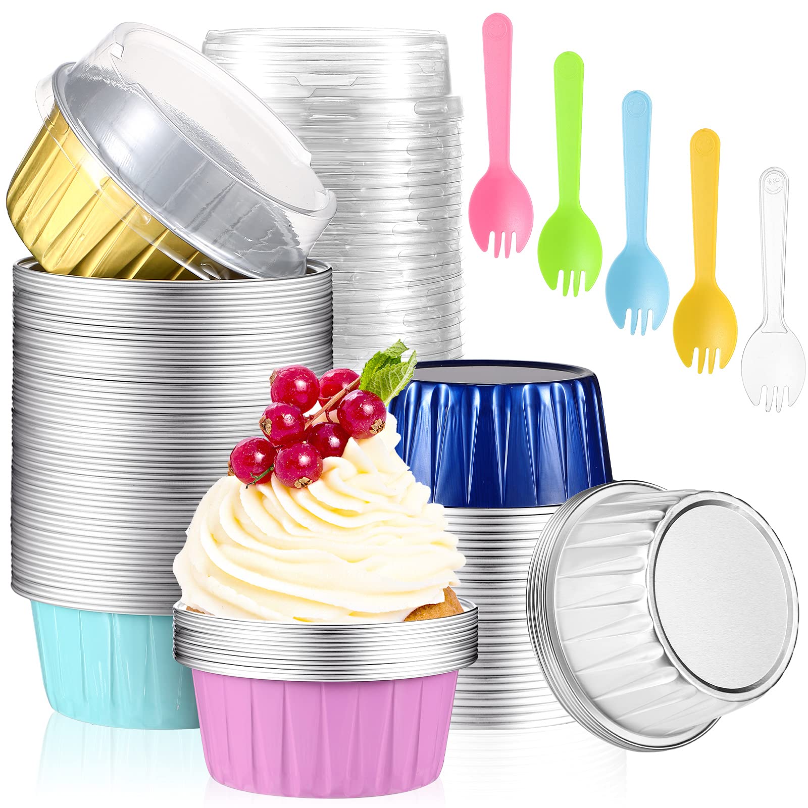 Suclain 5 OZ Aluminum Foil Baking Cups with Lids and Spoons Include Muffin Liners Cups Reusable Foil Cupcake Ramekins, Colorful Plastic Sporks for Birthday Wedding Party (Mixed Color,200 Pieces)