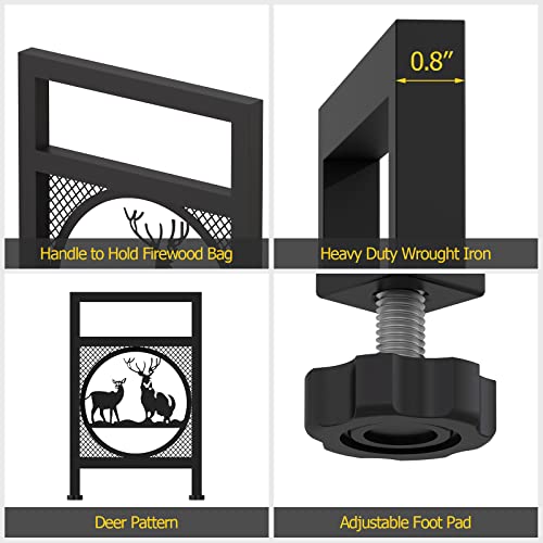 Timechee Firewood Log Rack Holder, Wrought Iron Fireplace Bin Log Rack with Adjustable Foot Pads, Heavy Duty Log Carrier Rack Storage Bin for Firepit Stove Indoor (Deer)