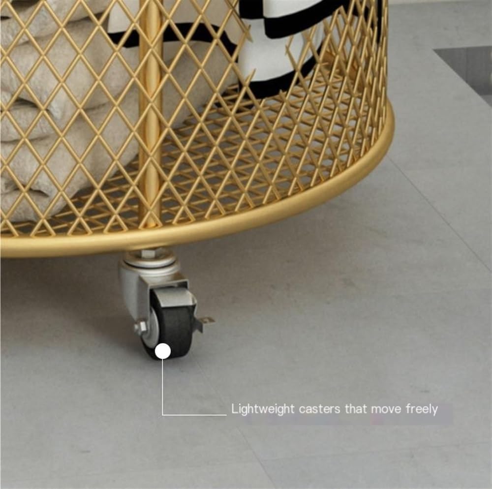 YDKJWB Metal Laundry Basket with Wheels, Round Mesh Dirty Clothes Hamper, Gold/Black/White Laundry Hamper, Storage Basket for Bathroom, Laundry Room, Living Room, Bedroom (Color : Gold)