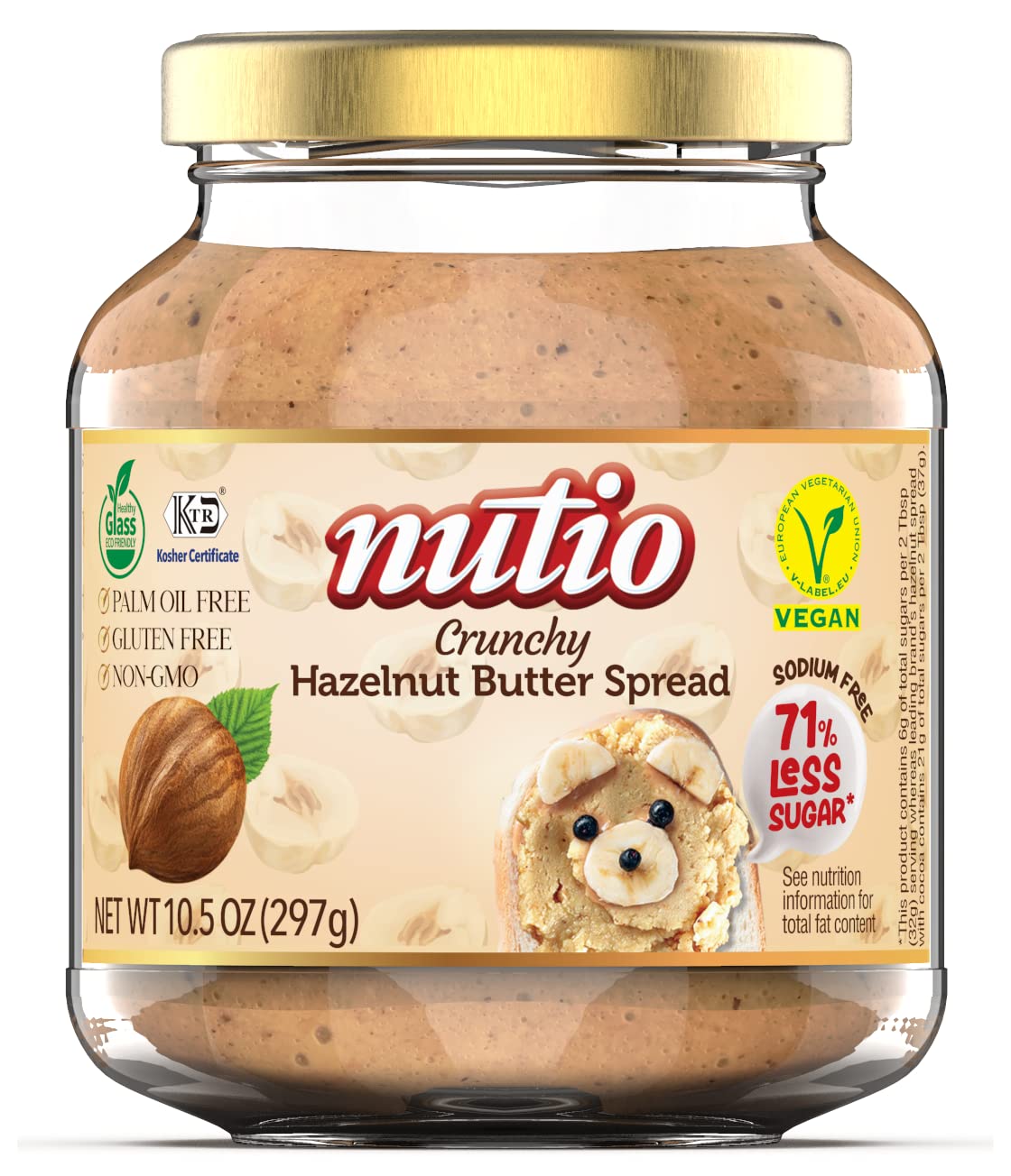 Nutio Crunchy Hazelnut Butter Spread - 77% Hazelnut, 71% Less Sugar, Low Carb, Keto Friendly, Vegan, Palm Oil Free, Gluten Free, Non-GMO, Sodium Free, Cocoa Free - 10.5 oz Glass Jar
