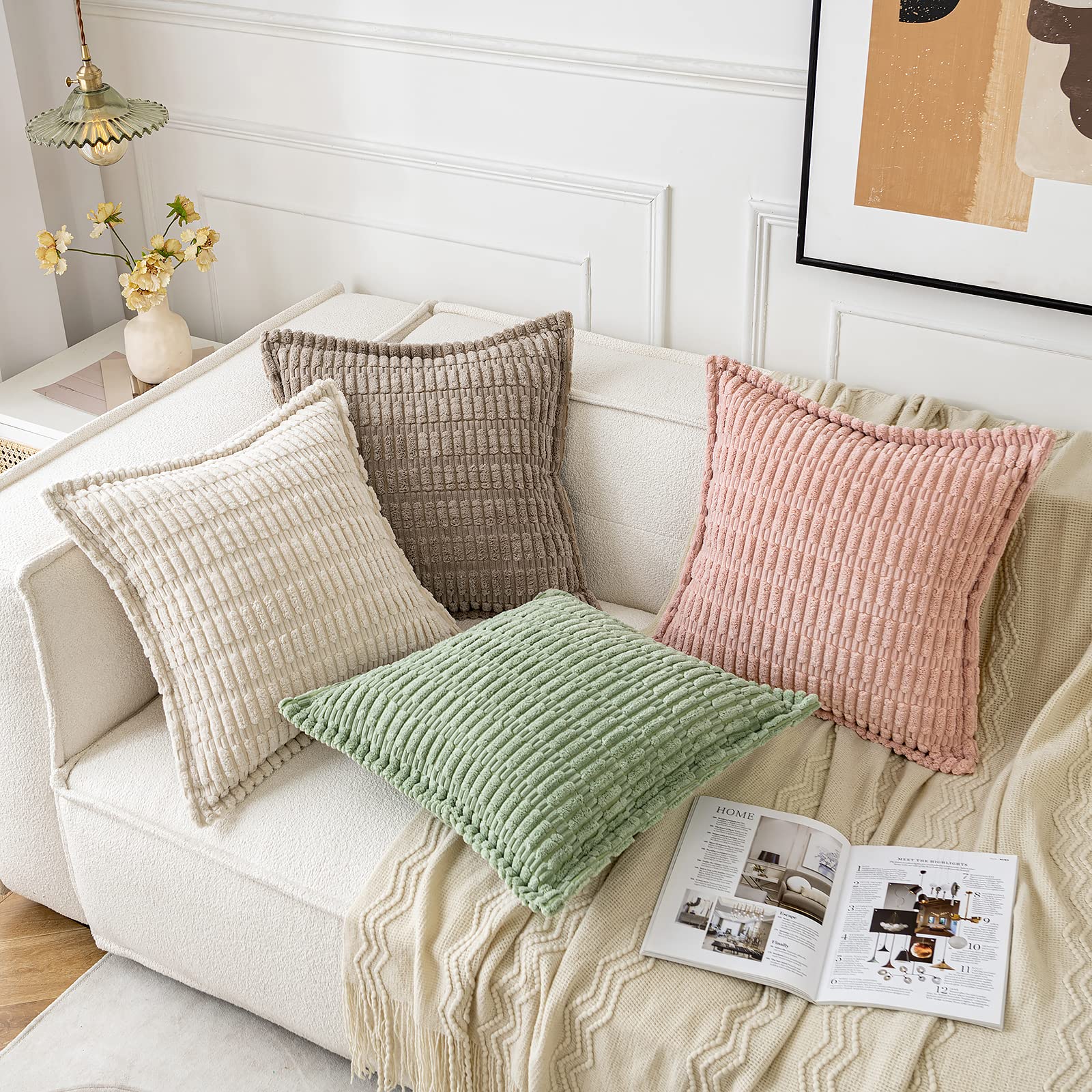 MIULEE Sage Green Corduroy Decorative Throw Pillow Covers Pack of 2 Soft Striped Pillows Pillowcases with Broad Edge Modern Boho Home Decor for Couch Sofa Bed 18x18 Inch
