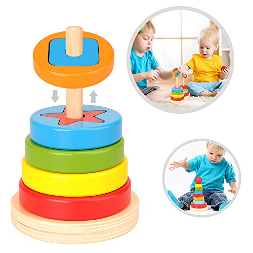 Miunana Wooden Stacking Rings Rainbow Geometric Shape Stacker Toddler Learning Toys Builing Puzzles Educational Game for Kids