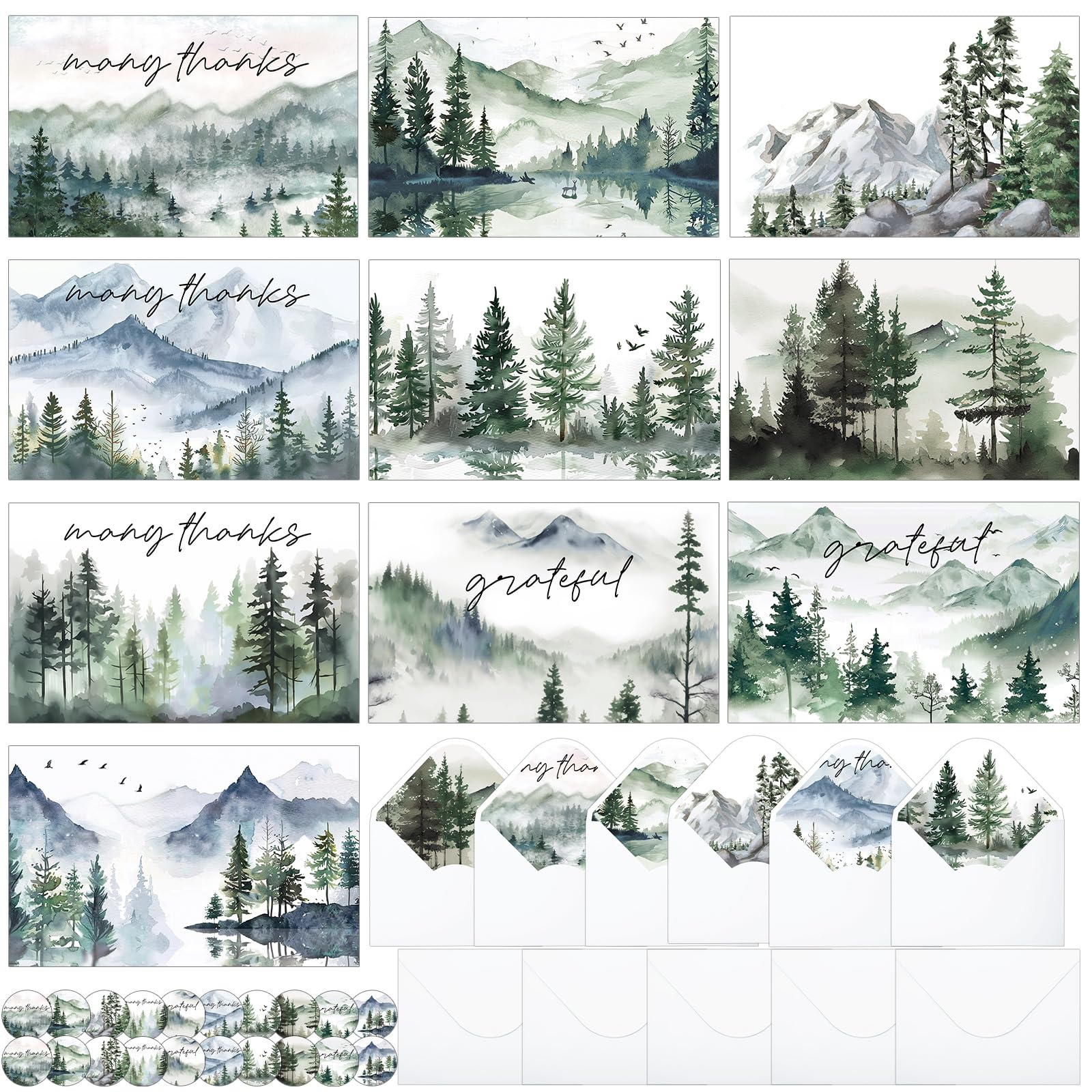 Yinder 36 Pcs Watercolor Forest Thank You Cards with Envelopes Stickers Bulk 4 x 6 Inch Watercolor Forest Mountain Greeting Note Card Employee Recognition Blank Gift Card for Holiday Birthday Wedding