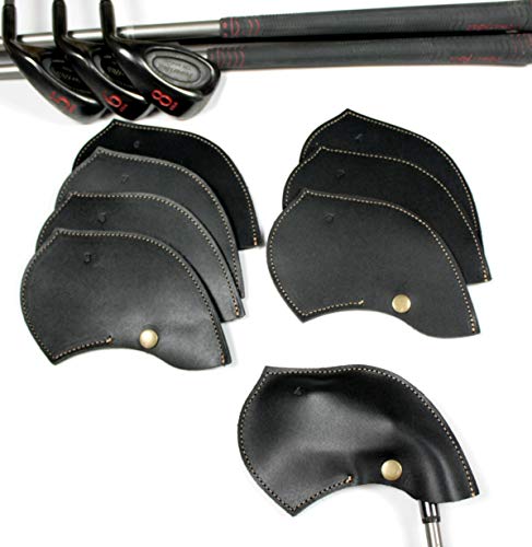 moriskorea Golf Club Head Cover (10pcs) Custom Initial Wedge Iron Protective Cowhide Full Grain Vegetable Leather Fit All Brands Titleist, Callaway, Ping, Taylormade, Cobra Etc. 1 Set. (Black)