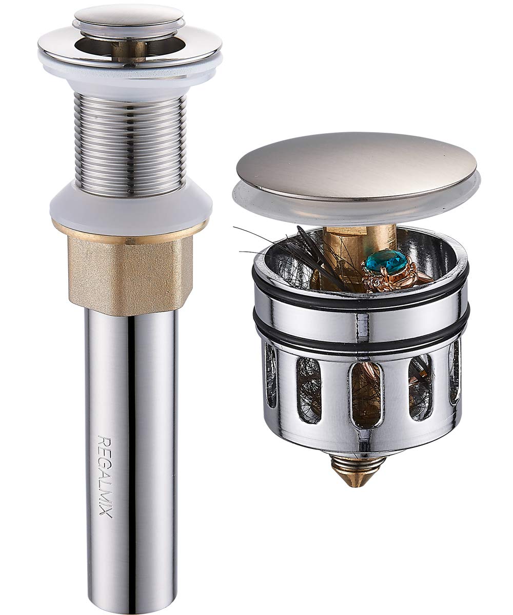 REGALMIX Vessel Sink Drain, Bathroom Faucet Vessel Sink Pop Up Drain Stopper Without Overflow Brushed Nickel, Built-in Anti-Clogging Strainer,Fits Standard American Drain Hole1-1/2 to 1-3/4",R085B-BN