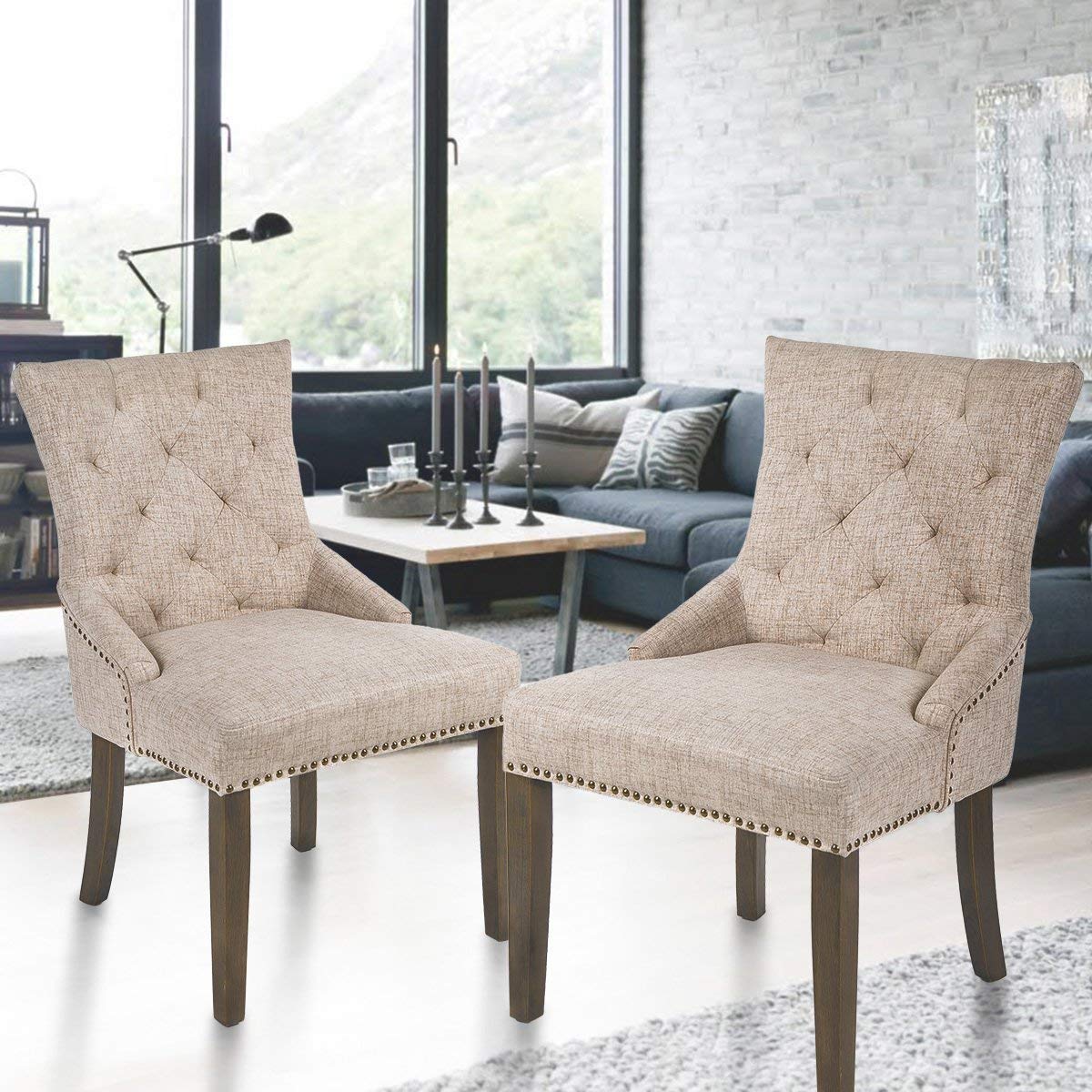 Merax Upholstered Dining Chairs Leisure Padded Chairs with Armrest and Nailed Trim, Beige (Set of 2)