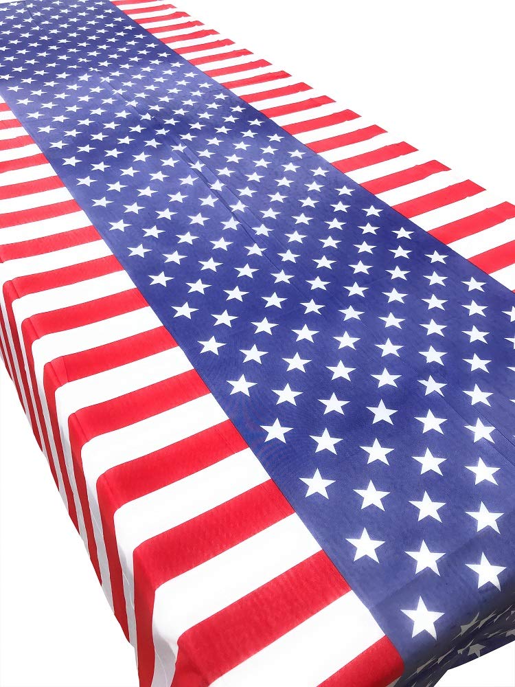 Oojami Pack of 6 American Themed Plastic Tablecloths | Red, White, Blue Striped | Disposable Rectangular Cover (54"x108") | Perfect for 4th of July Parties & Picnics