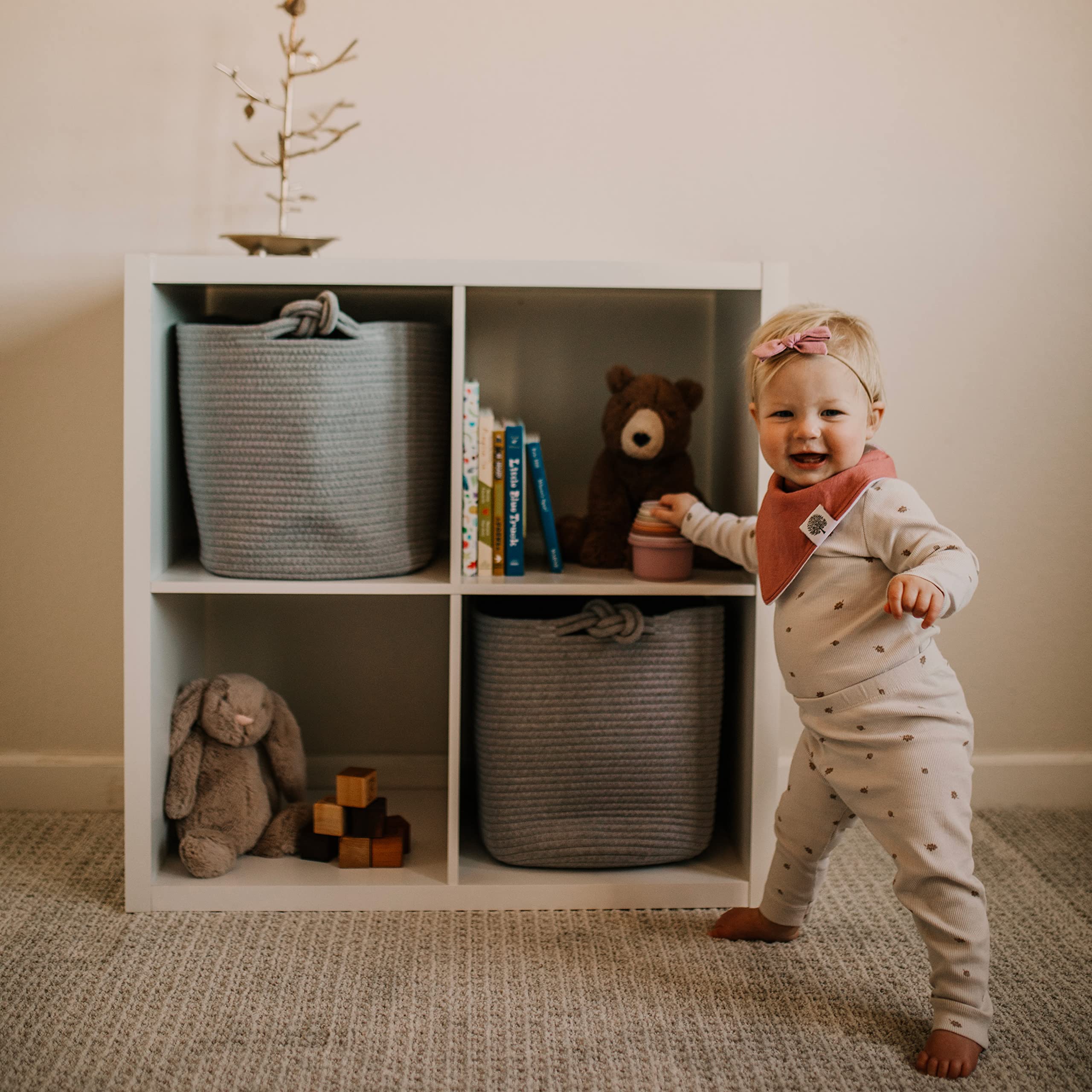 Parker Baby Rope Storage Cube Bin - 11 Inch Nursery Cubby Storage Bin Cubes for Cube Organizer, Closet Organizers and Storage Toy Bin, Rope Baskets Bins for Toys Storage - Gray