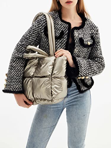 Puffer Tote Bag Quilted Tote Bag for Women Down Fall Winter Handbag Puff Bag Aesthetic Shoulder Bag Stuffing Pillow Bag (X-Orange)