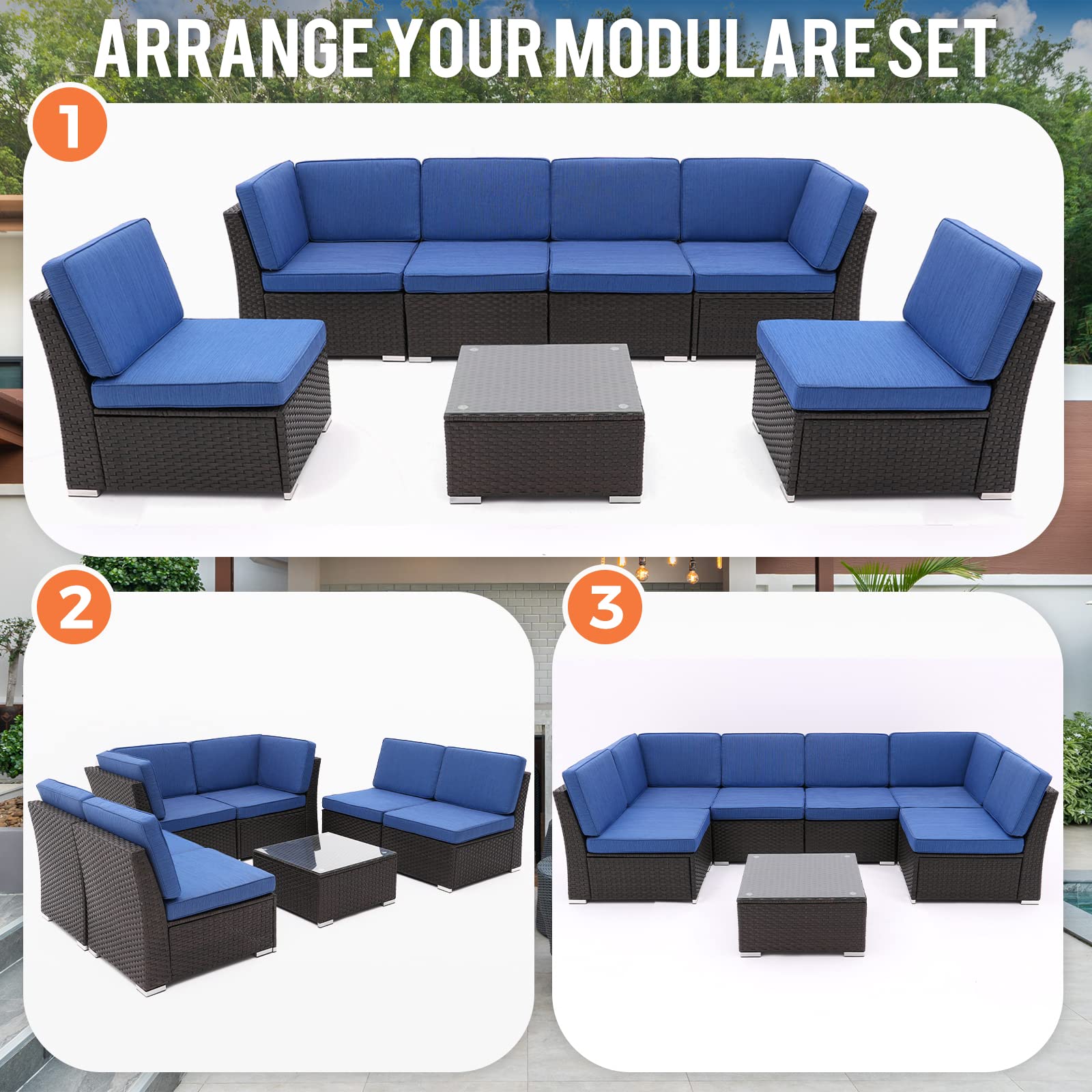 TiuBroe 7 Pieces Patio Furniture Sets, Outdoor PE Rattan Sectional Sofa Conversation Set, All Weather Conversation Set w/6 Seat Cushions and 1 Coffee Table (Dark Blue)