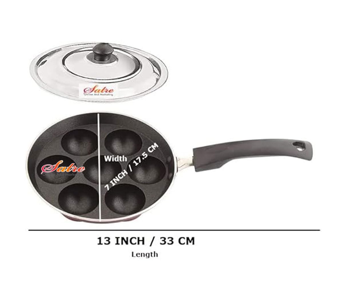Satre Online And Marketing Non Stick Heavy Small Appam Pan with 7 Cavity,Appam Maker,7 Pits Appam Maker,Egg Pan Maker, Color Black & Silver