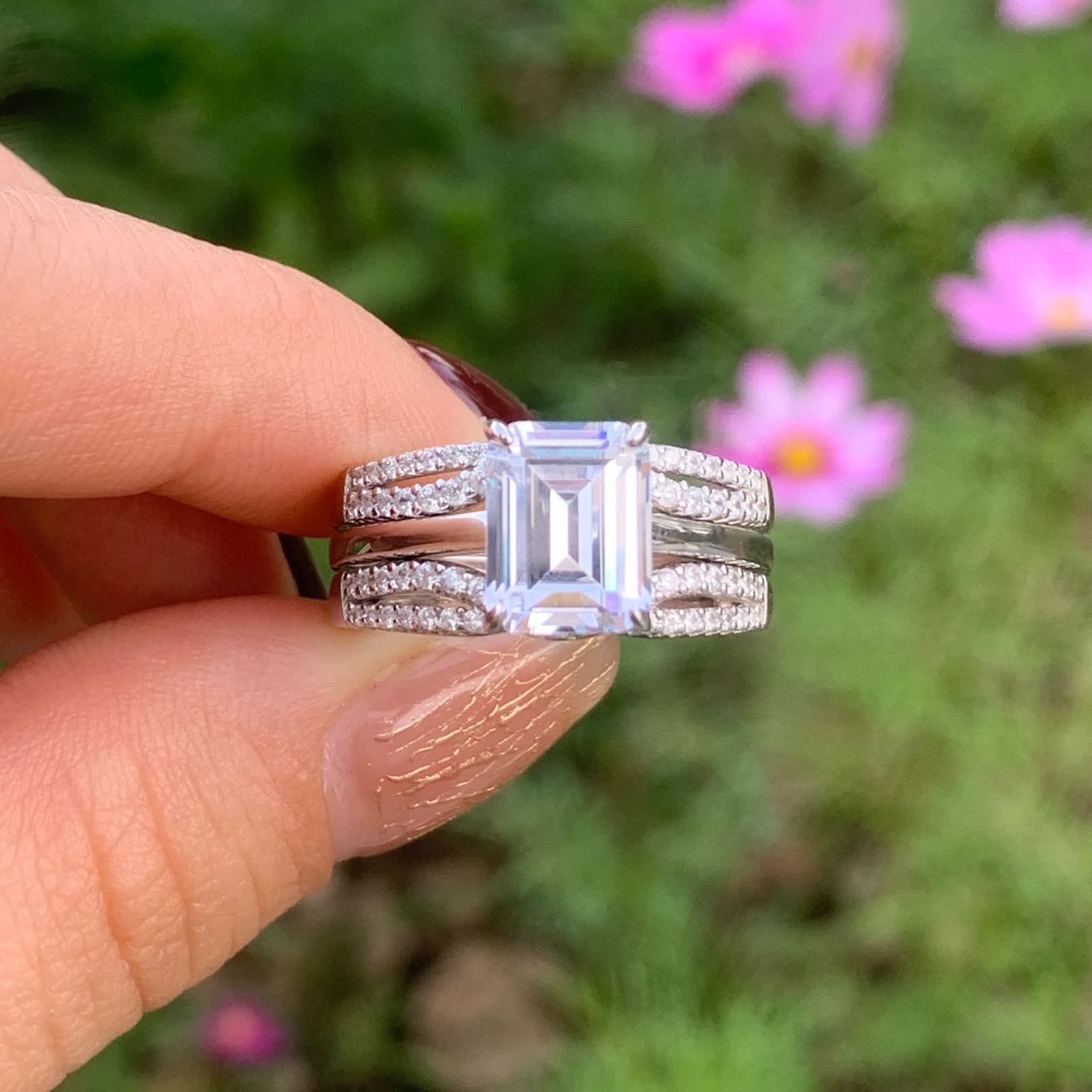 Wuziwen Bridal Ring Enhancer for Emerald Cut Engagement Rings For Women CZ Sterling Silver Size 7
