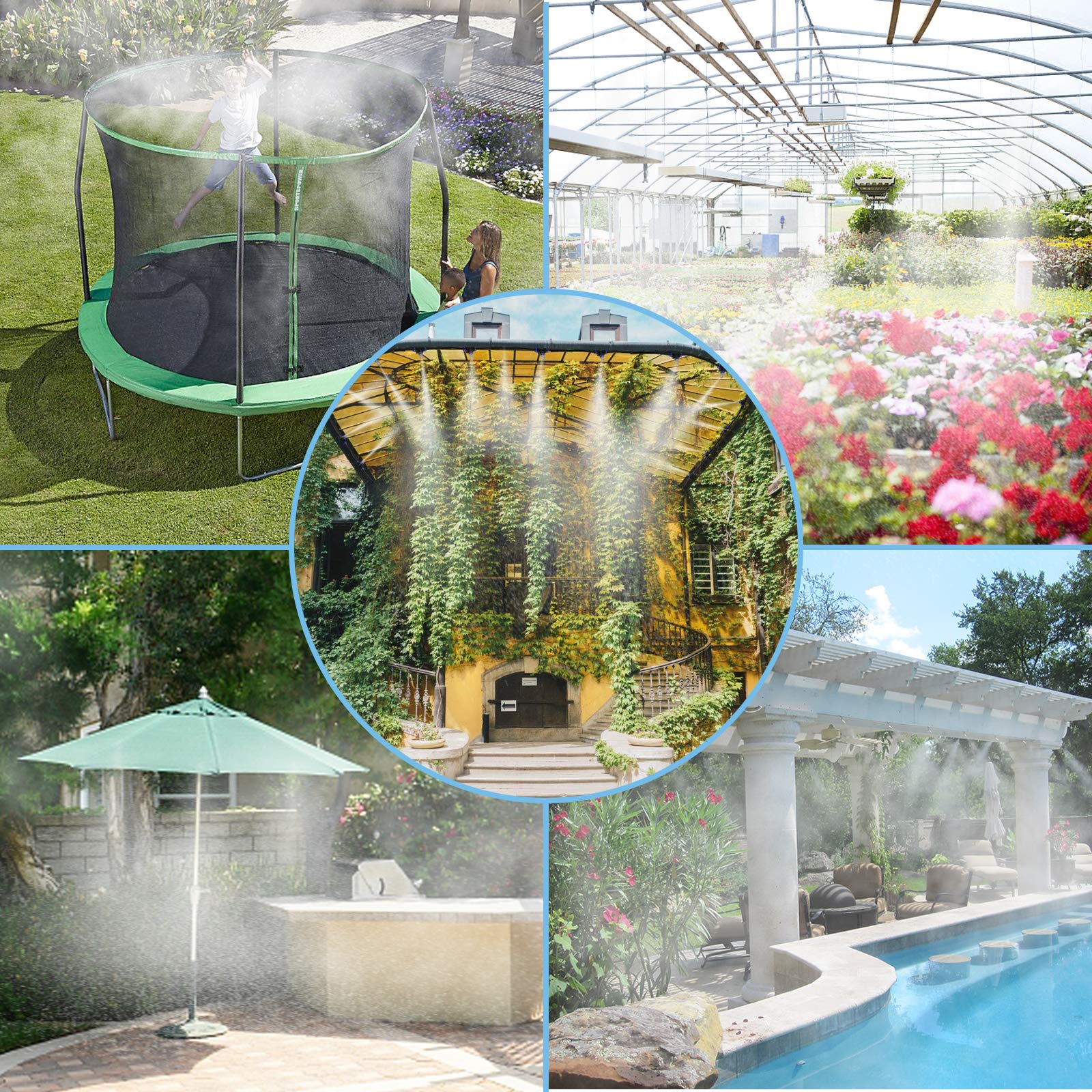 YuYo Misting Cooling System, 49FT Misting Line +16 Brass Mist Nozzles + 3/4" Brass Adapter Outdoor Mister for Patio Greenhouse Garden Gazebo Poolside Umbrella Trampoline