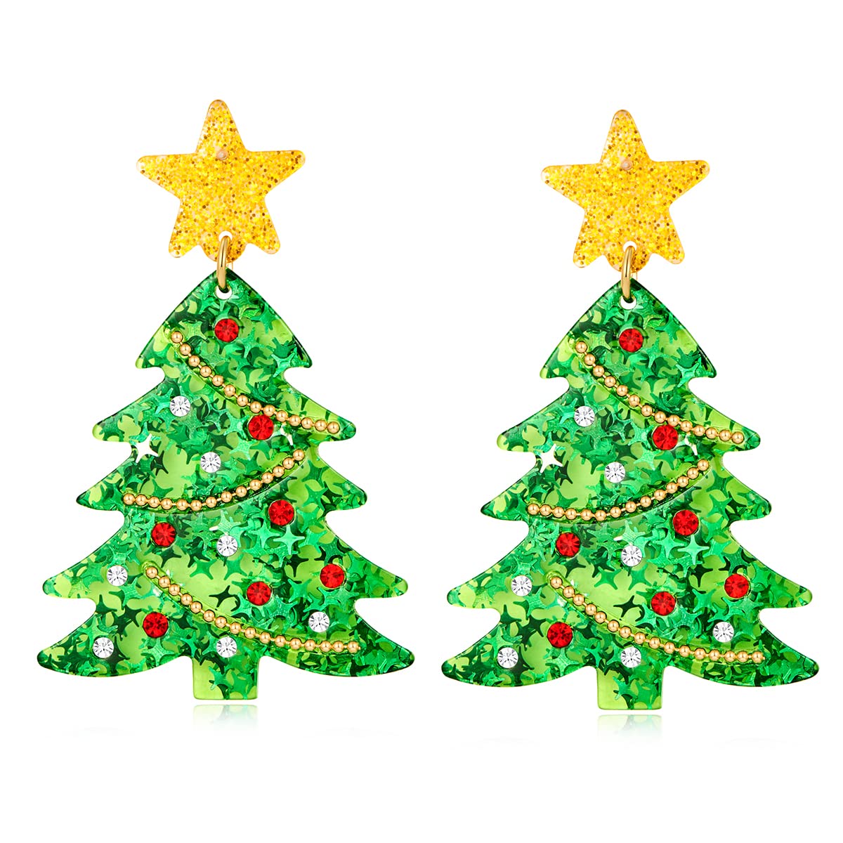 MUYAN Green Christmas Tree Earrings for Women Glitter Gold Star Green Christmas Tree Dangle Earrings Holiday Jewelry