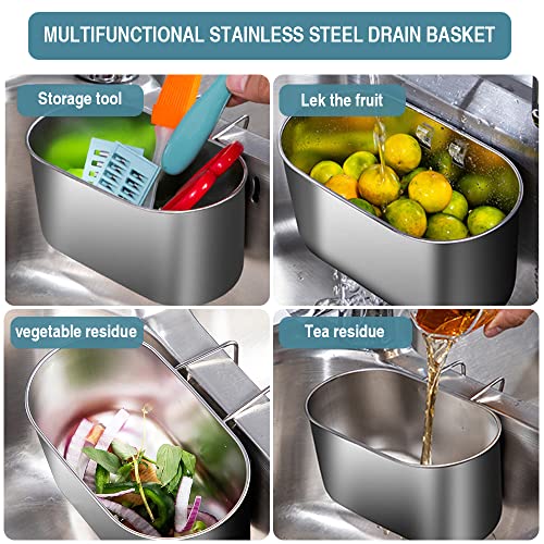 Stainless Steel Sink Drain Strainer Basket, Multifunctional Hanging Sink Strainer Colander Drain Basket for Filter Kitchen Waste and Wash Vegetables Fruits (Silver)