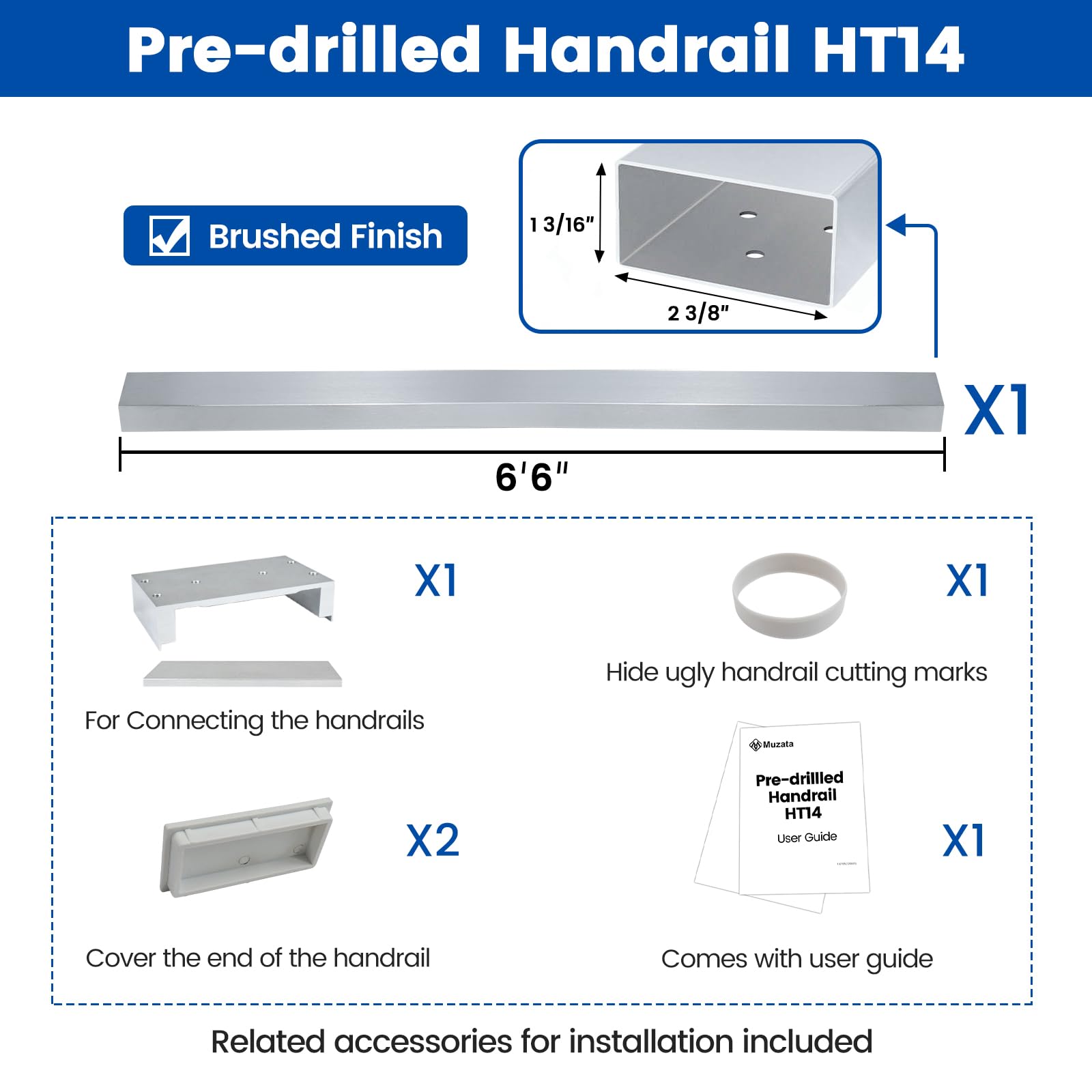 Muzata 6'6" Pre-drilled Stainless Steel Handrail with Extension Connector End Cap for Easy Installation Black Flat Handrail for Cable Railing System, HT14 BP4