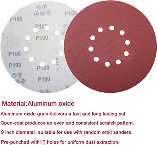 Tonmp 35 Pack 9 Inch 10 Hole Drywall Sanding Discs Set- 40 60 80 120 150 180 240 Grits Hook-and-Loop Aluminum Oxide Abrasive Sander Paper for 9" Drywall Sander