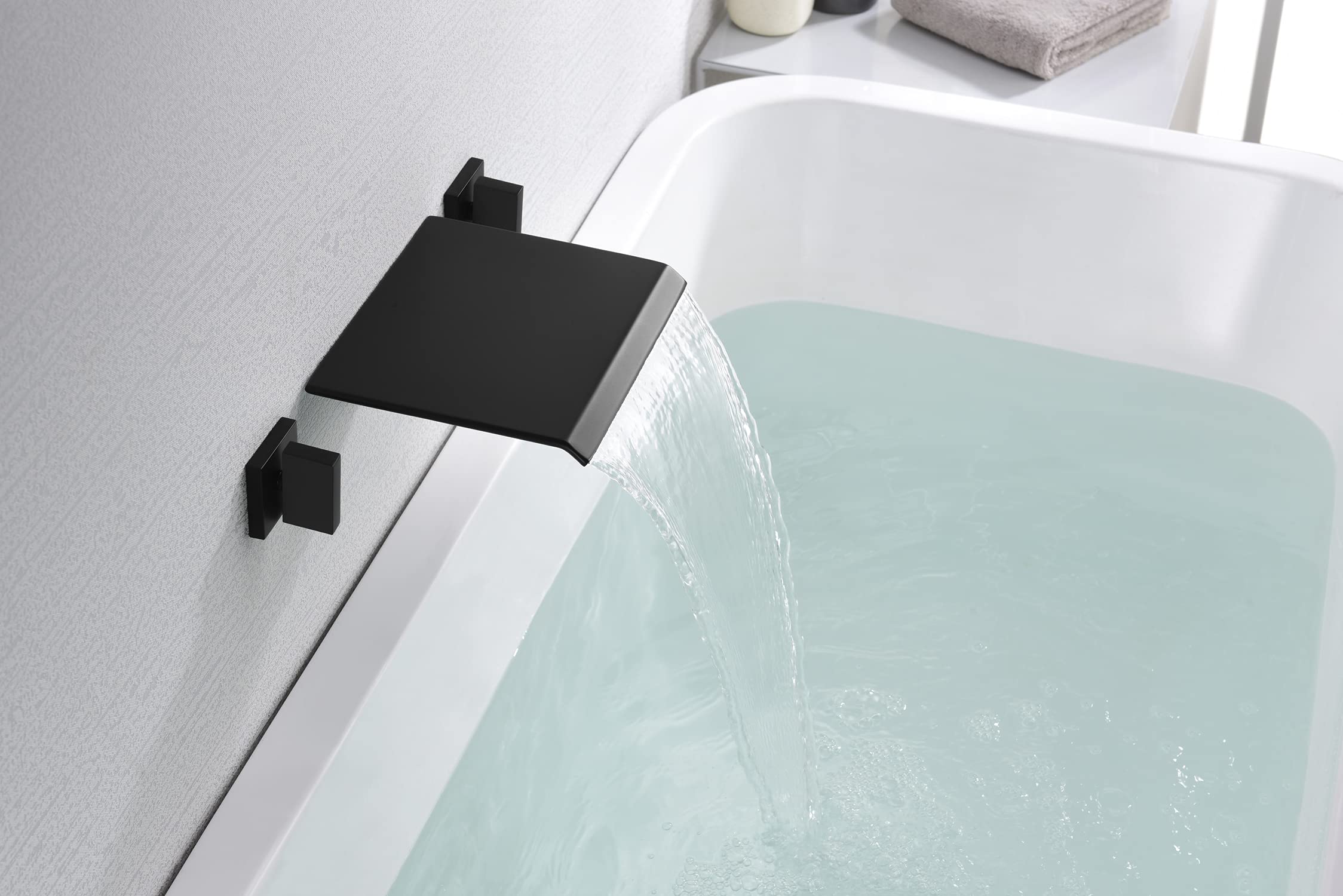SUMERAIN Matte Black Wall Mount Bathtub Faucet Waterfall Tub Filler Two Handles High Flow Rate