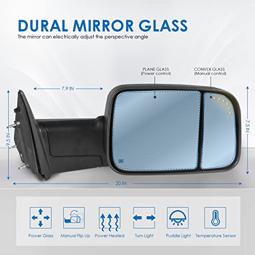MOSTPLUS Power Heated Mirror Compatible for 2009-2018 Ram 1500 2500 3500/2019-2023 Ram 1500 Classic w/Turn Light, Arrow Light, Puddle Lights (Temp Sensor Included) (Black)