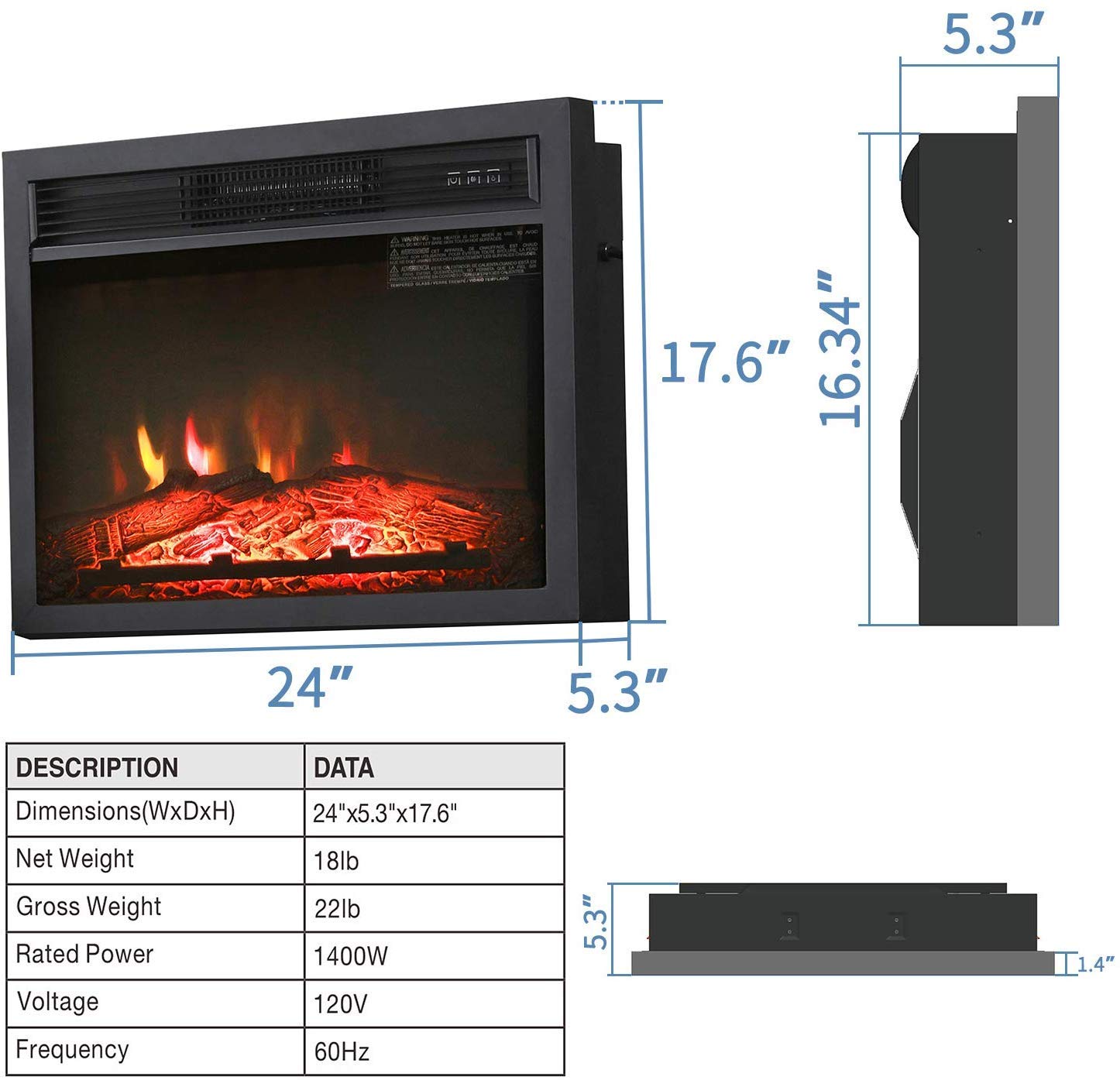 PatioFestival 24 Inch Electric Fireplace Insert 1400W Embedded&Freestanding Realistic Log Flame Effect Heater with Remote Control, 3 Adjustable Flame, Overheating Protection