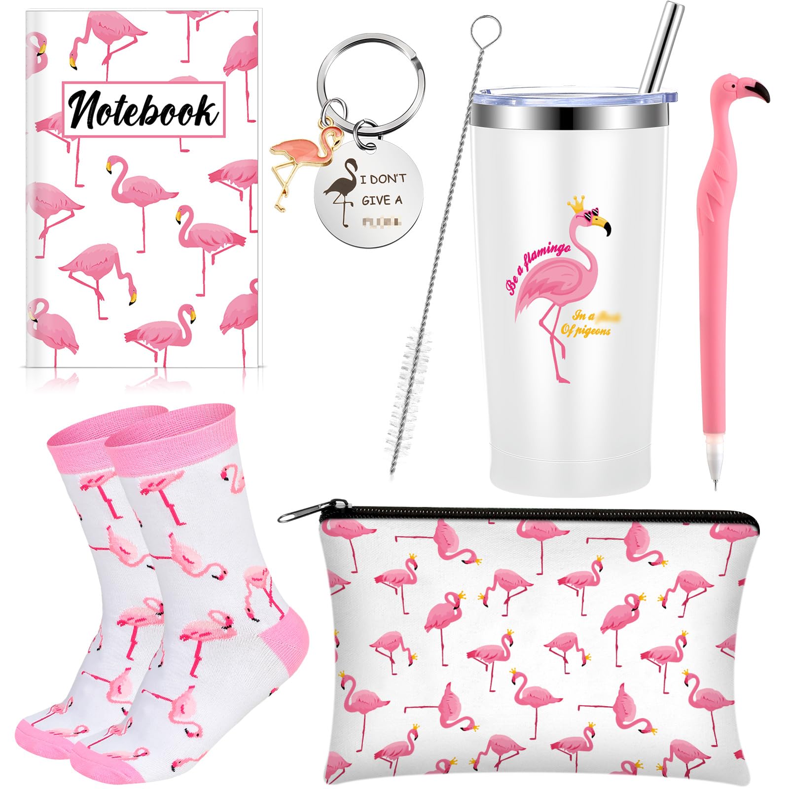 Panitay 6 Pcs Flamingo Gifts Set Pink Flamingo Socks Flamingo Stainless Steel Tumbler Notebook Pen Cosmetic Bag Keychain