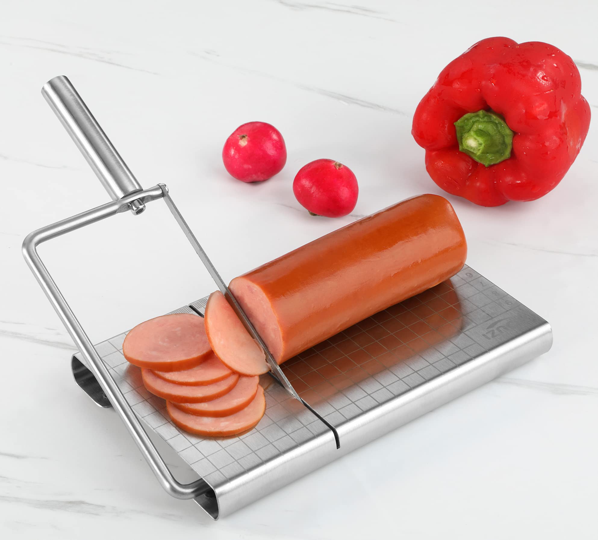 Stainless Steel Cheese Slicer - Multipurpose Cheese Slicer Board & Food Cutter with 4" Blade, 5" x 8" with Accurate Size Scale for Cutting Cheese Butter Vegetables Sausage Herbs & More (No Wire)
