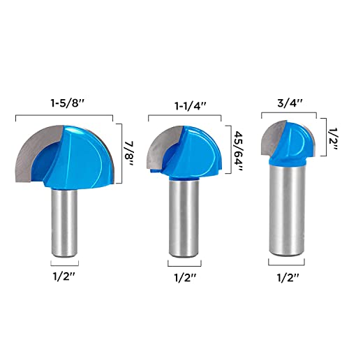 TOOLDO Router Bits ,3pcs Core Box Router Bit Set,Diameter 3/4", 1-1/4", 1-5/8" Round Nose Bit Set,1/2" Shank Router Bit Set,for DIY, Woodworking Project